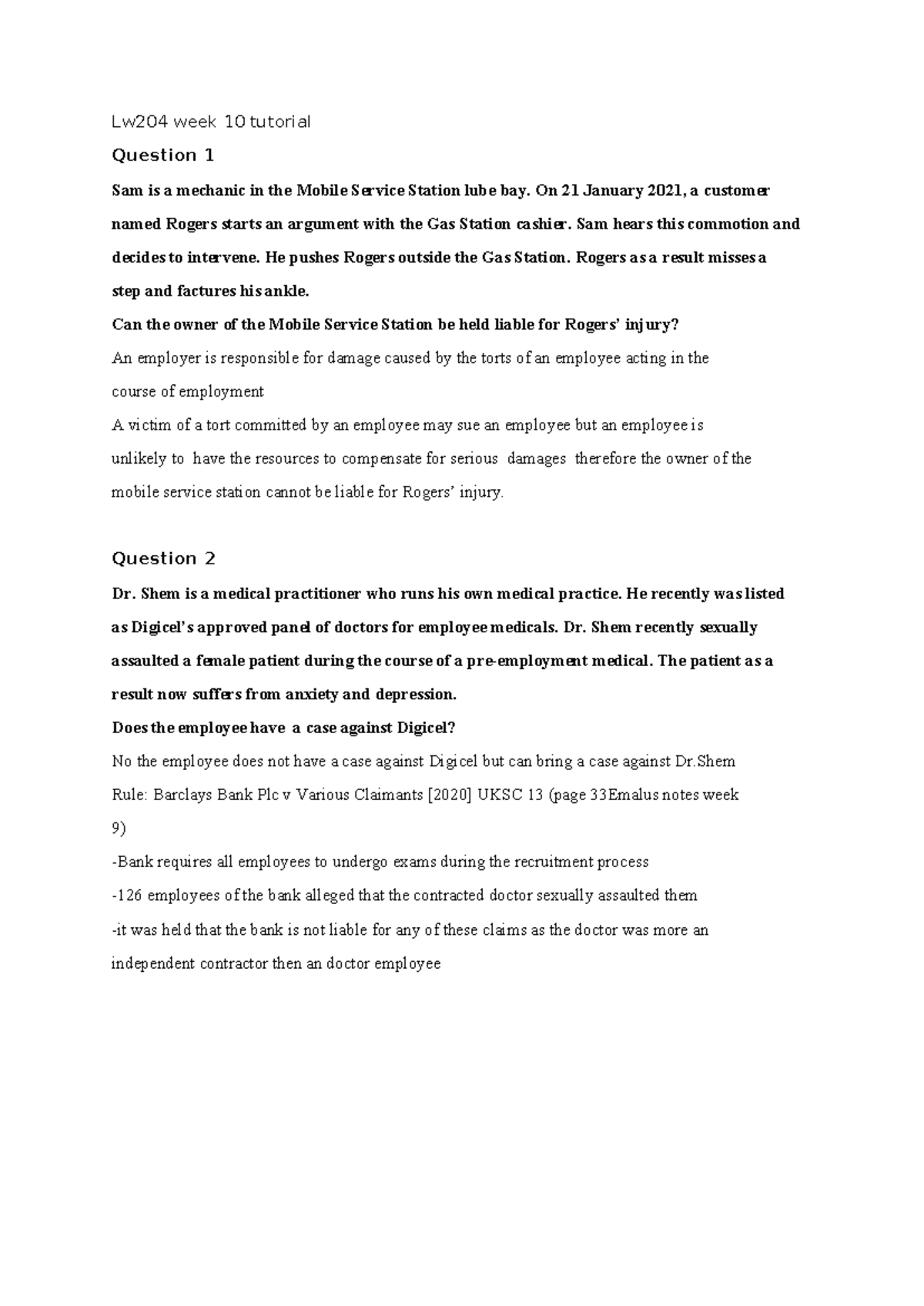 Lw204 week 10 tutorial - Lw204 week 10 tutorial Question 1 Sam is a mechanic in the Mobile ...