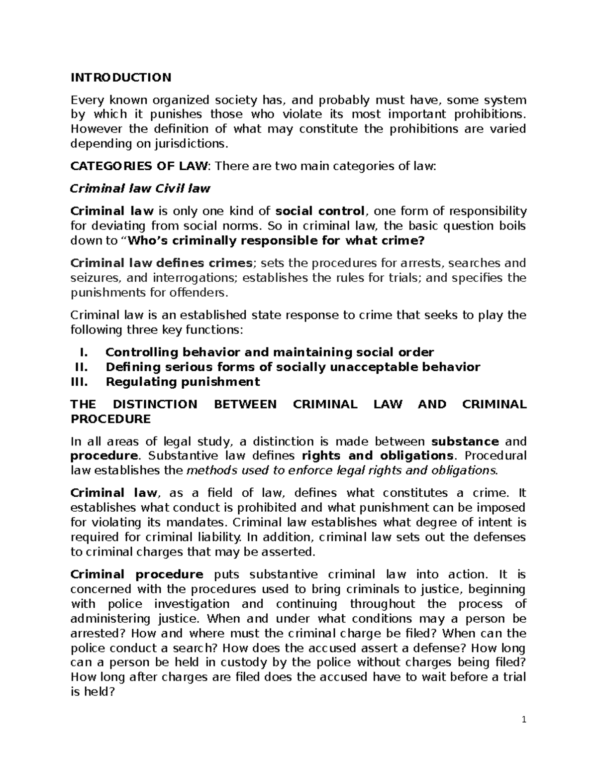 Introduction TO Criminal LAW - INTRODUCTION Every known organized ...