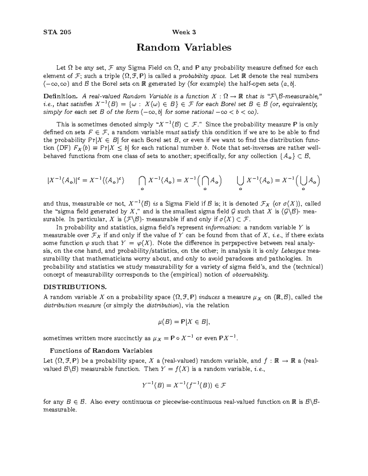 Lecture Notes Random Variables Lecture 3 Random Variables Let Ω Be Any Setfany Sigma Field 4972