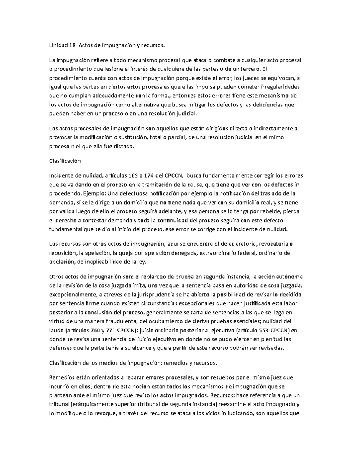 Unidad 18 Actos de impugnación y recursos - La impugnación refiere a ...