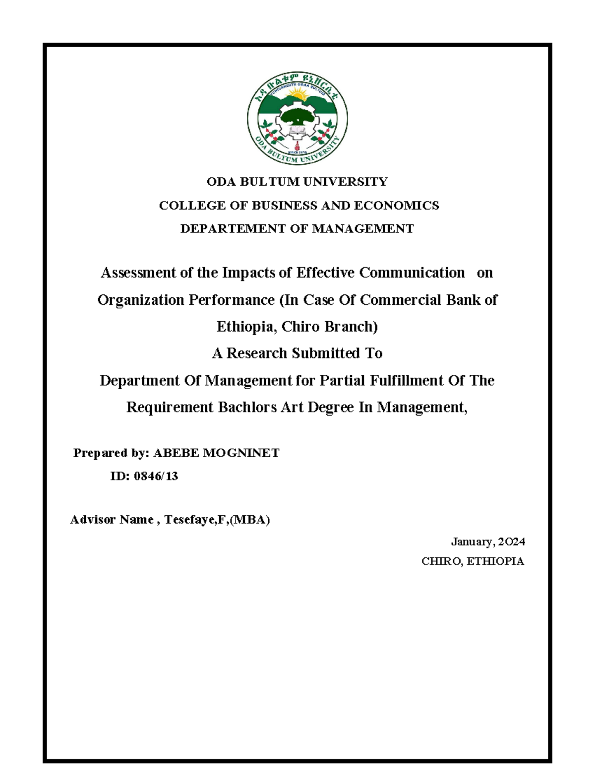 Abebe , Final Resarch WORK - ODA BULTUM UNIVERSITY COLLEGE OF BUSINESS ...