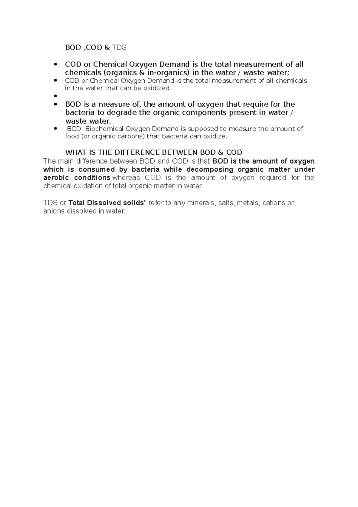 BOD, COD TDS - For semester 3 - BOD ,COD & TDS COD or Chemical Oxygen ...