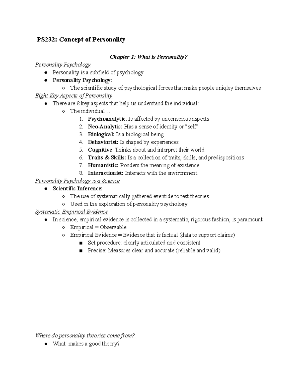 PS232 Concept of Personality - PS232: Concept of Personality Chapter 1 ...