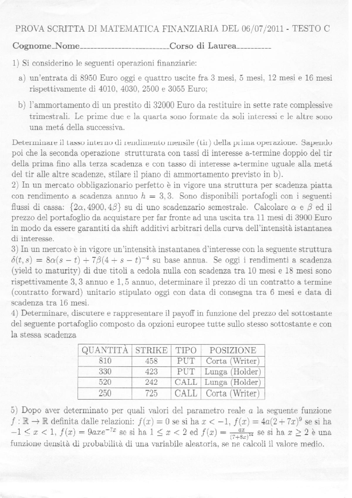 Prova scritta matematica finanziaria 06 - PROVA SCRITTA DI MATEMATICA ...