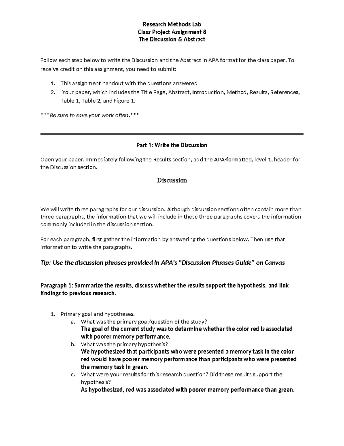 Class Project 8 - The Discussion & Abstract-1 - Research Methods Lab Class Project Assignment 8 ...