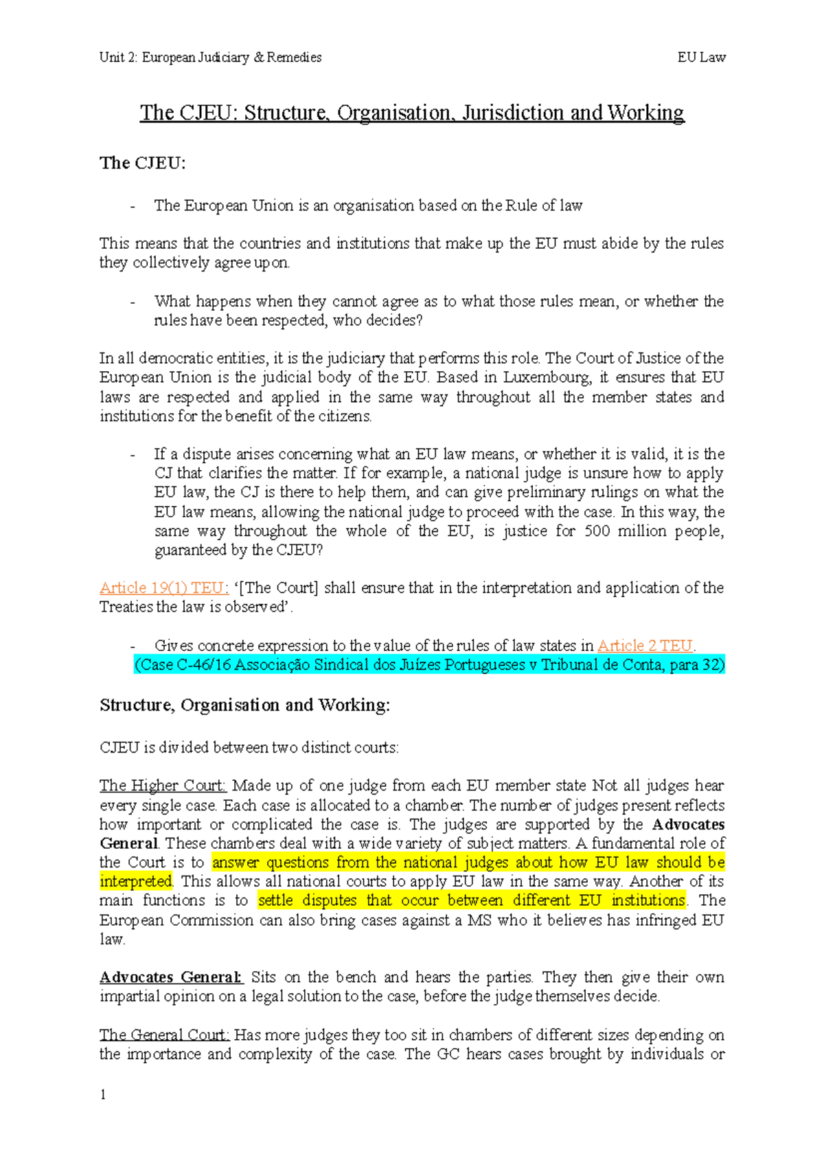 The CJEU Unit 2 Notes - Unit 2 - The CJEU: Structure, Organisation ...
