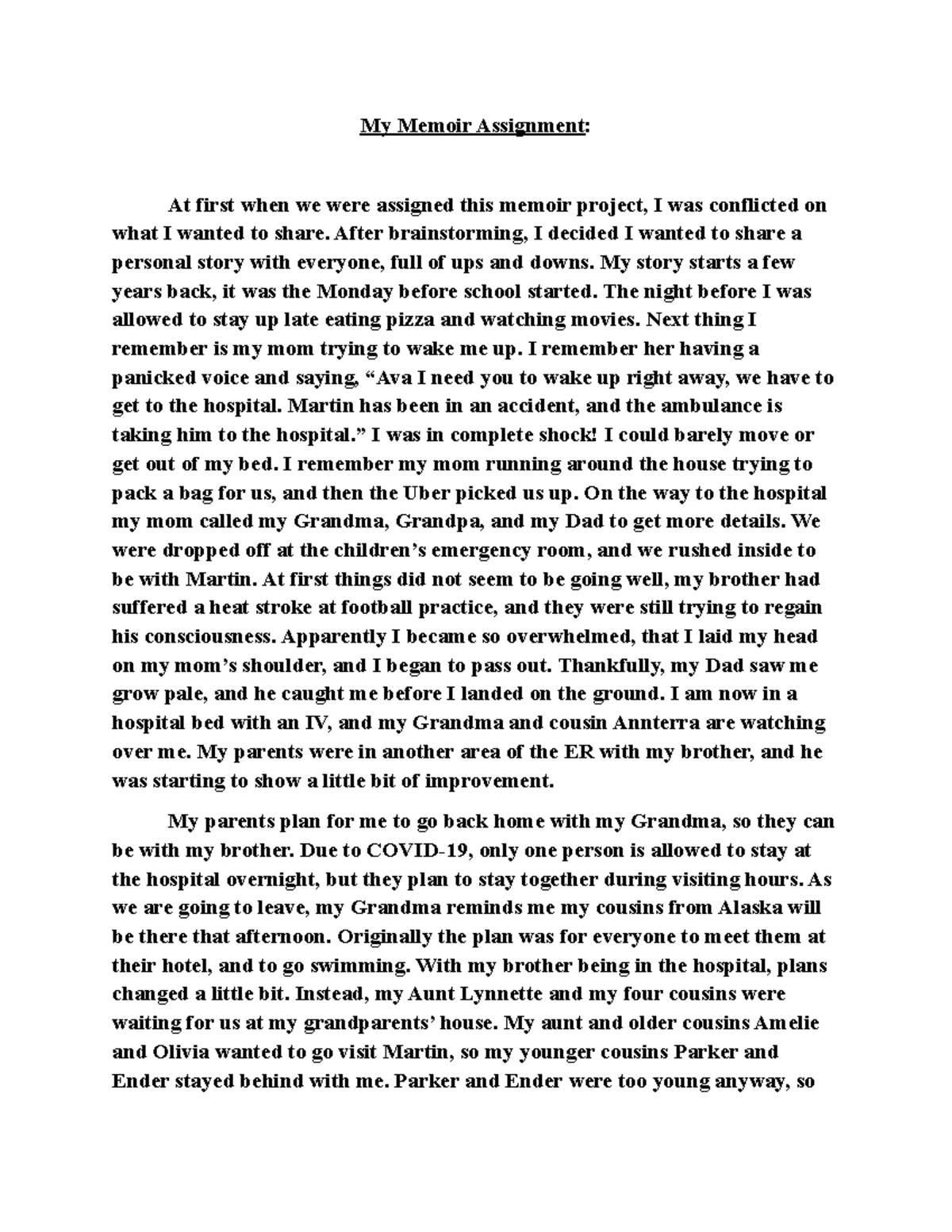 MEMOIR ESSAY #1 - My Memoir Assignment: At first when we were assigned ...