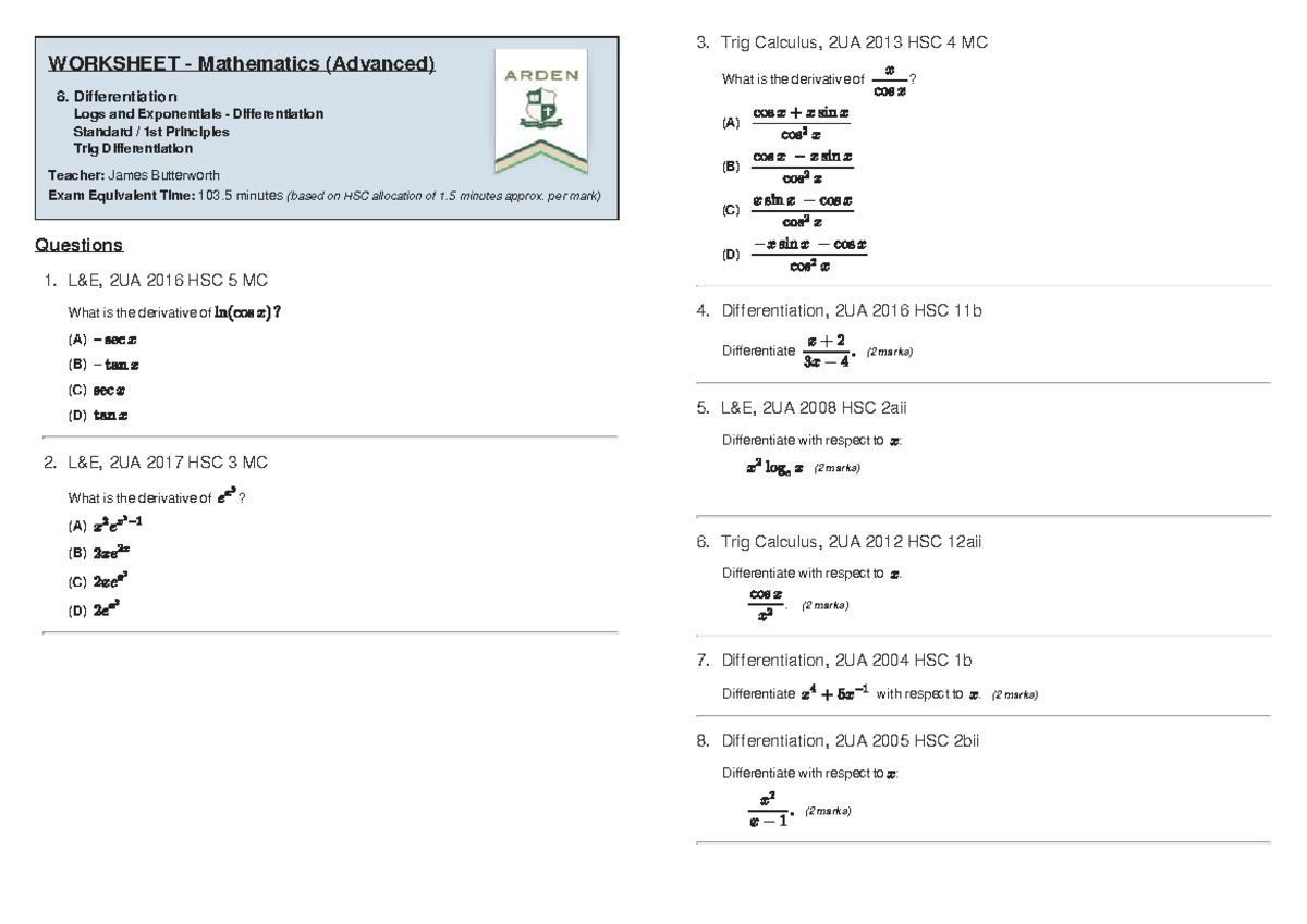 2019 MA Differentiation Worksheet HSC Questions w solutions - 1. L&E ...