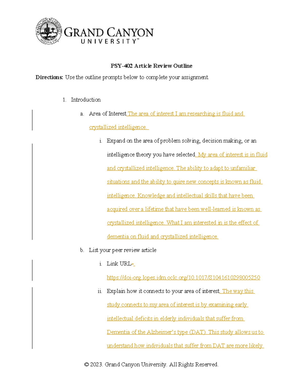 Article Review Outline - PSY-402 Article Review Outline Directions: Use ...