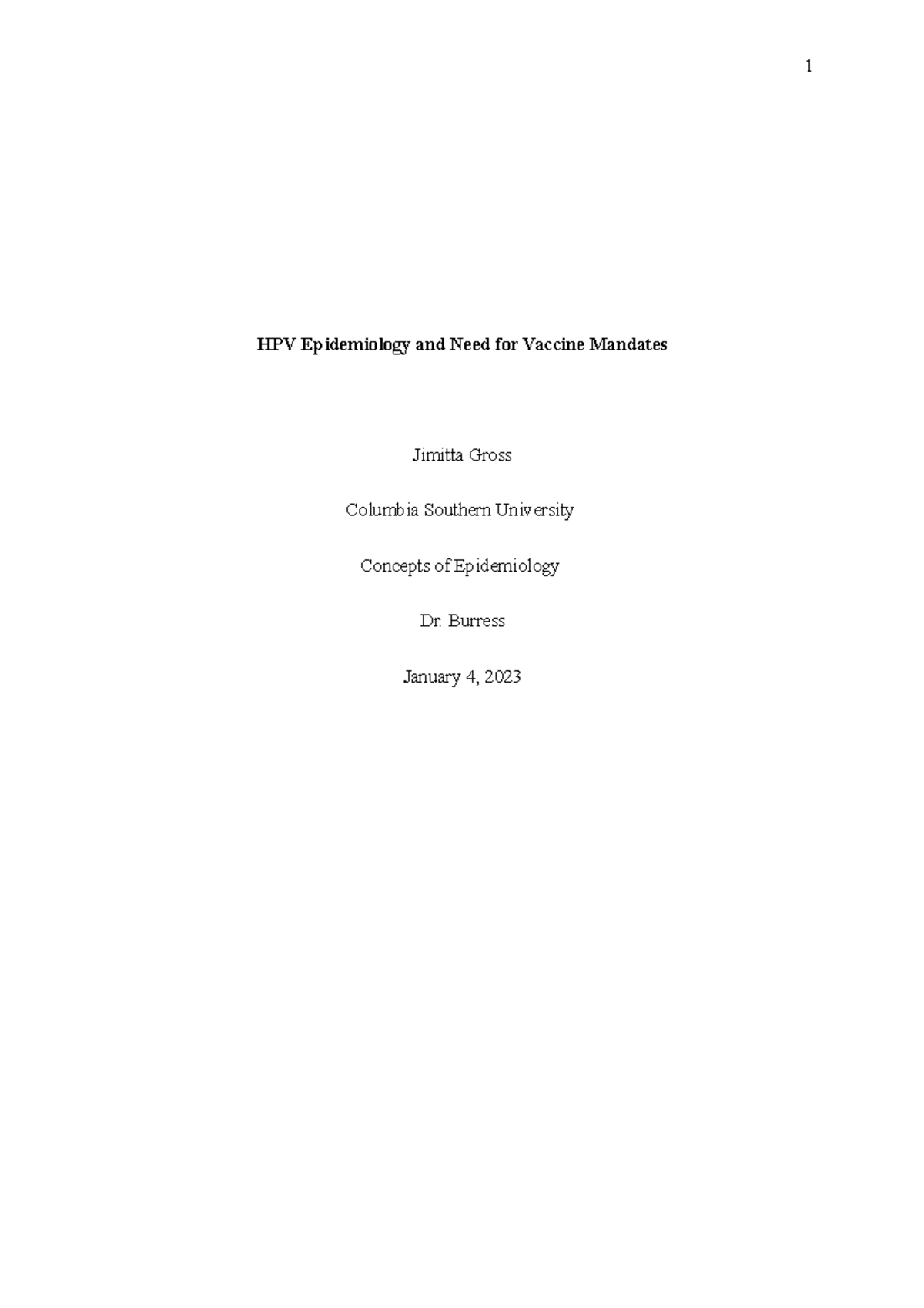 Unit VII Concepts of Epidemiology Research Paper - HPV Epidemiology and ...