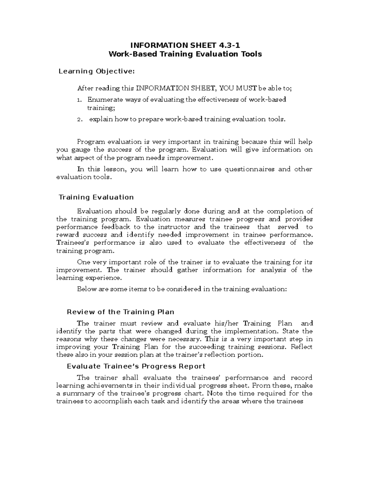 Information Sheet 4.3.-1 Work based training Evaluation - INFORMATION ...