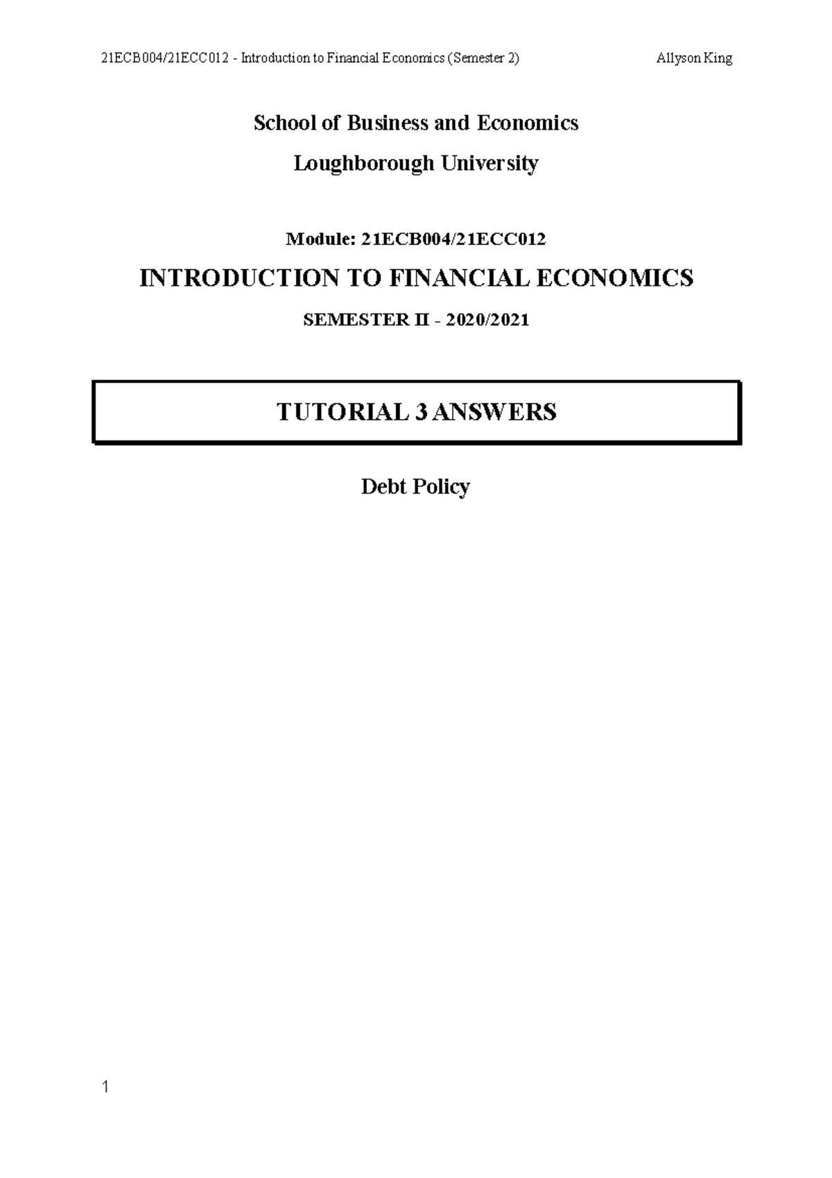 Tutorial 3 Answers - notes - School of Business and Economics ...