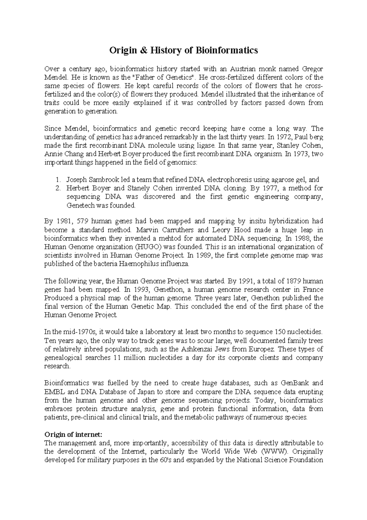 Origin & History of Bioinformatics - Origin & History of Bioinformatics ...