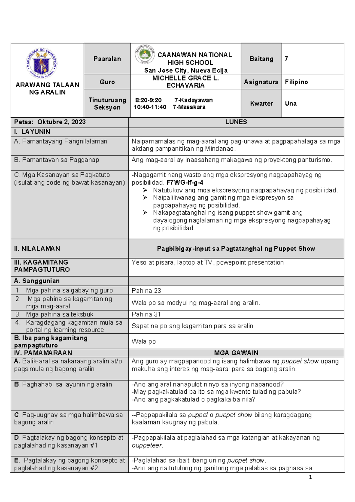 Filipino 7 Detailed lesson plan - ARAWANG TALAAN NG ARALIN Paaralan ...