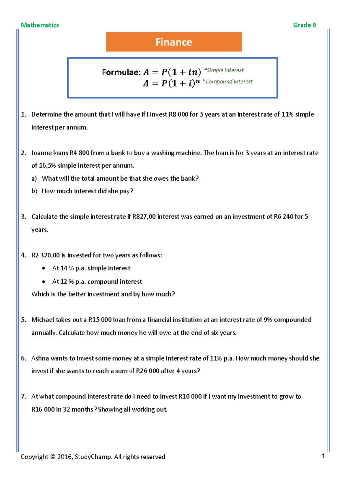 Gr9 Maths Finance - Hhhhh - Determine the amount that I will have if I ...
