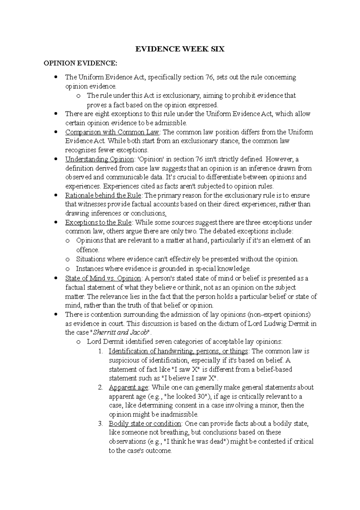 Evidence WEEK SIX - Lecture notes! - EVIDENCE WEEK SIX OPINION EVIDENCE ...