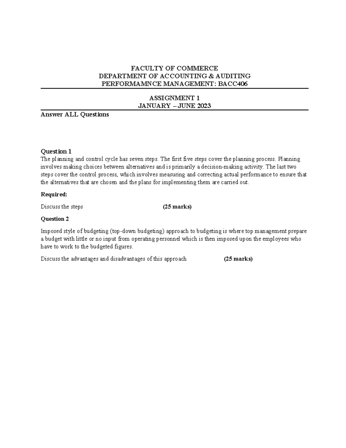 BACC 403 Assignment 2 - ASSIGMENT TO BE SUBMITED - FACULTY OF COMMERCE DEPARTMENT OF ACCOUNTING ...