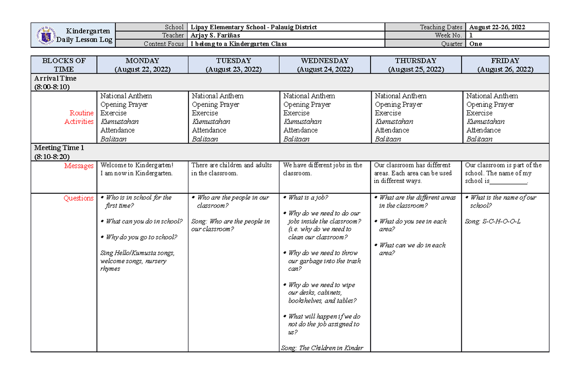 Kindergarten DLL Q1 Week 1 asf Kindergarten Daily Lesson Log School