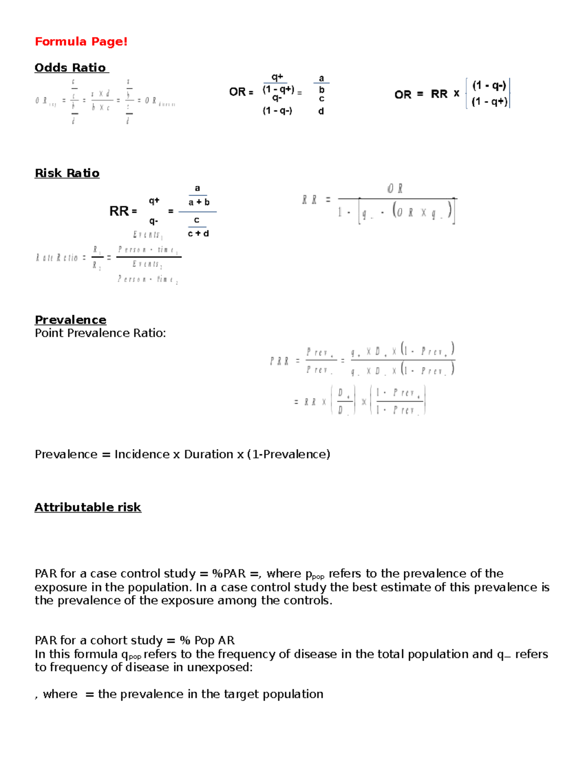 Midterm Preparation 2022 v Final - Formula Page! Odds Ratio Risk Ratio ...