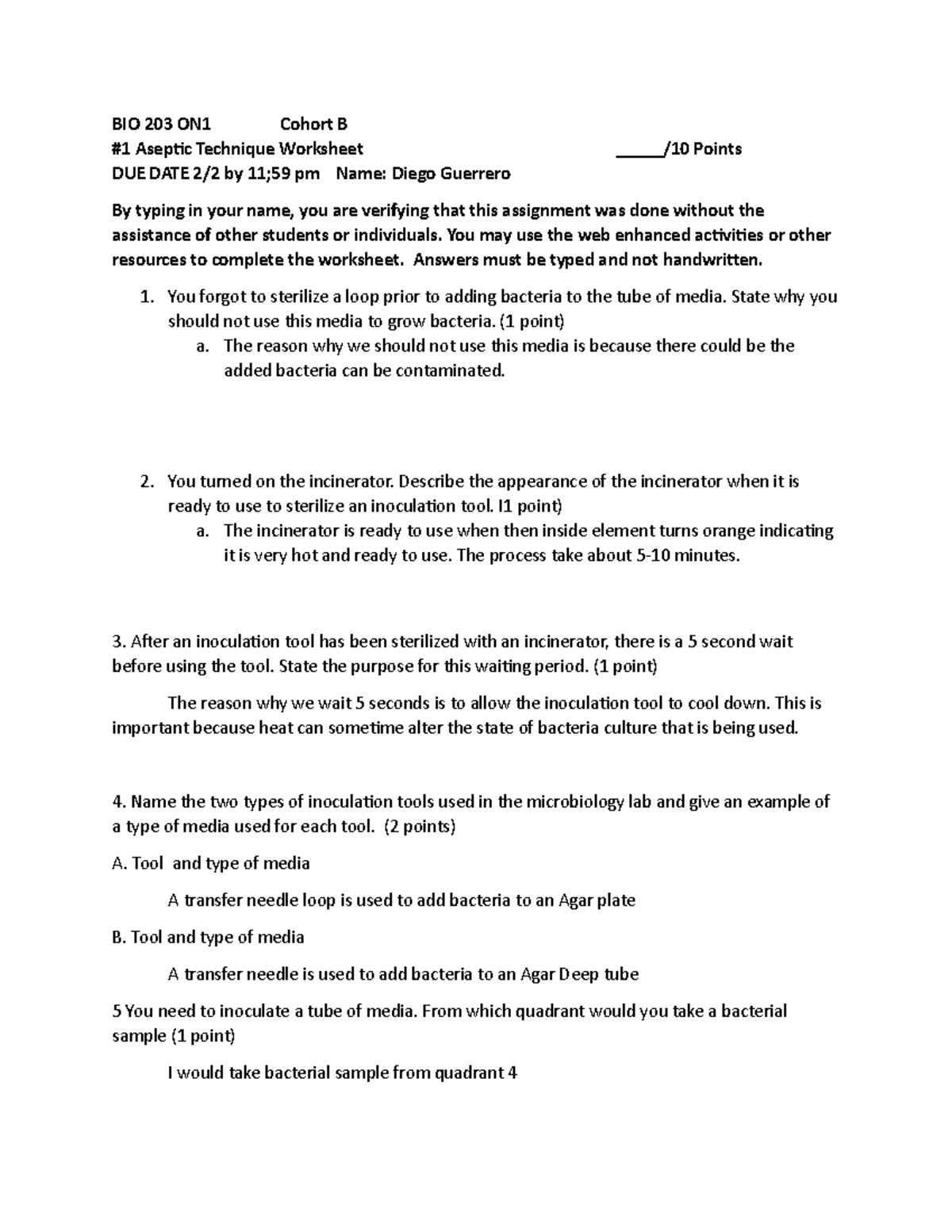 BIO 203 Aseptic Technique Worksheet - BIO 203 ON1 Cohort B #1 Aseptic ...