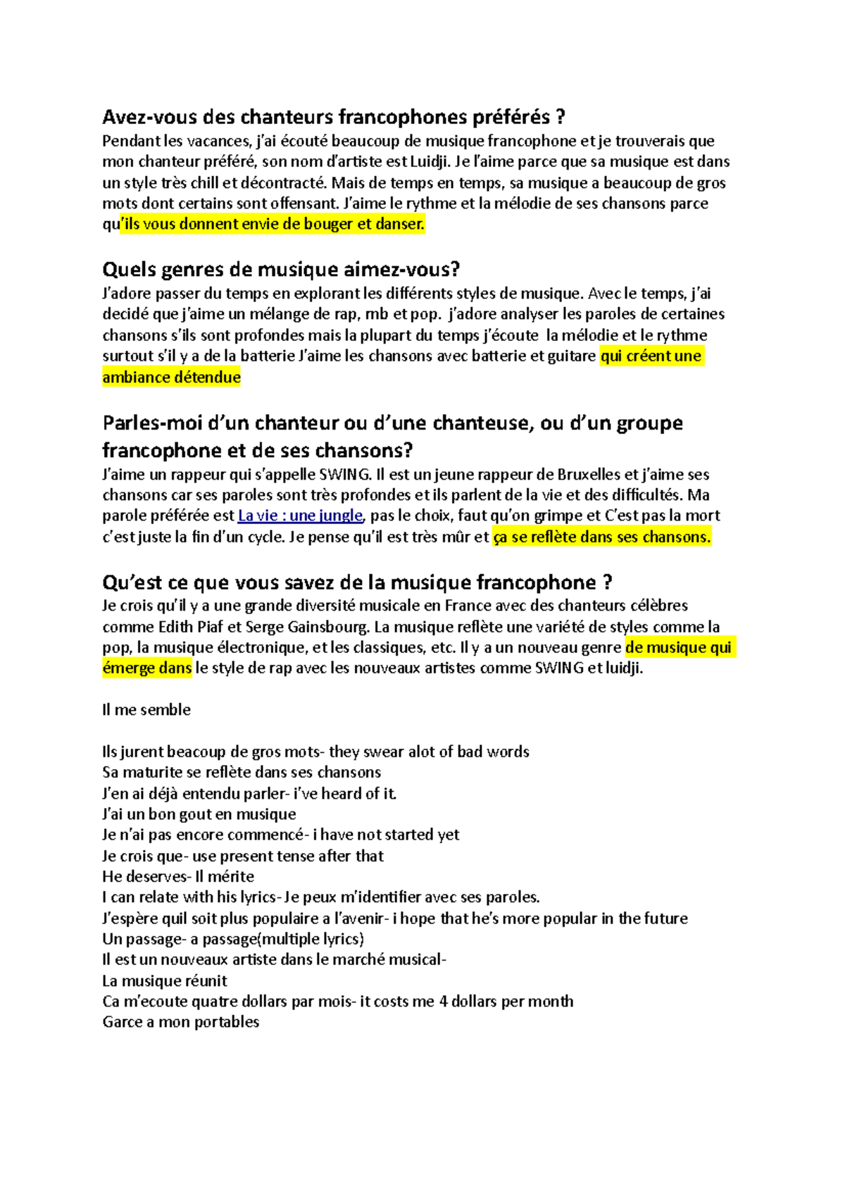 Cinéma et musique speaking questions - Avez-vous des chanteurs ...