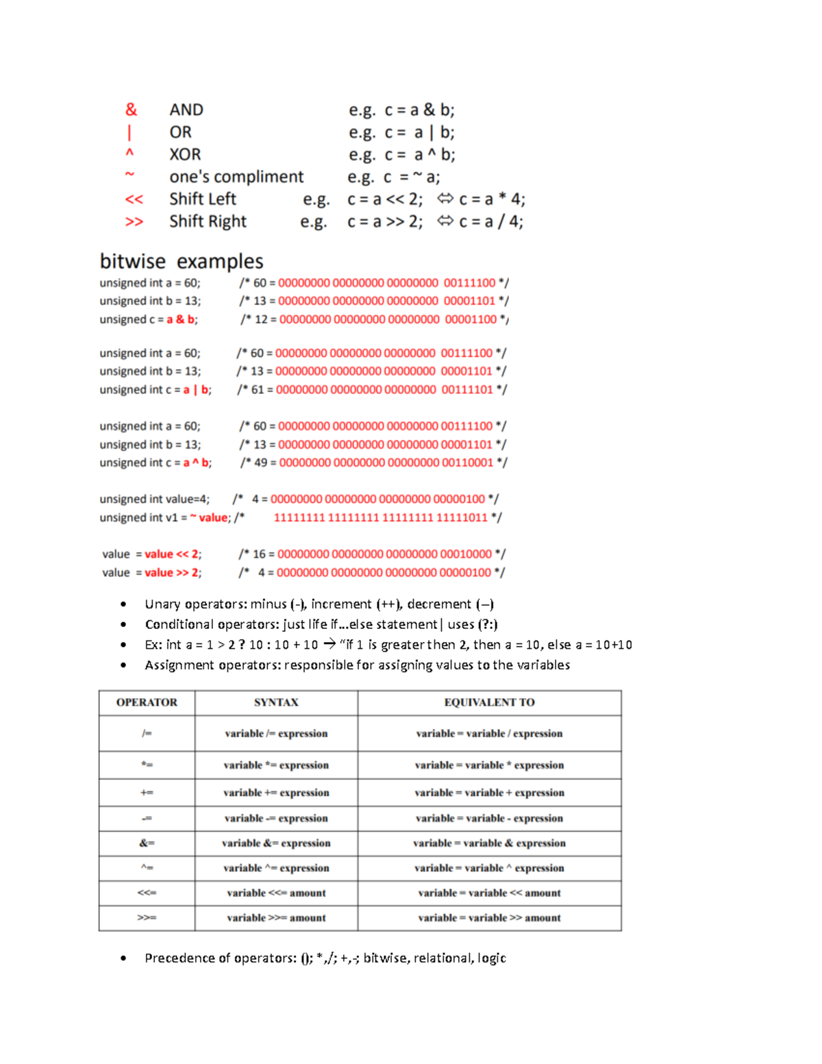 C midterm notes-3 - Unary operators: minus (-), increment ...