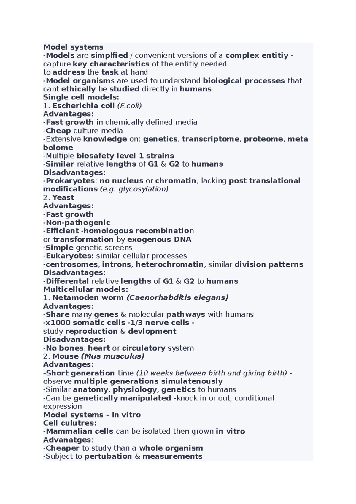 1 - Cell Biology workshop summery - Model systems Models are simplfied ...