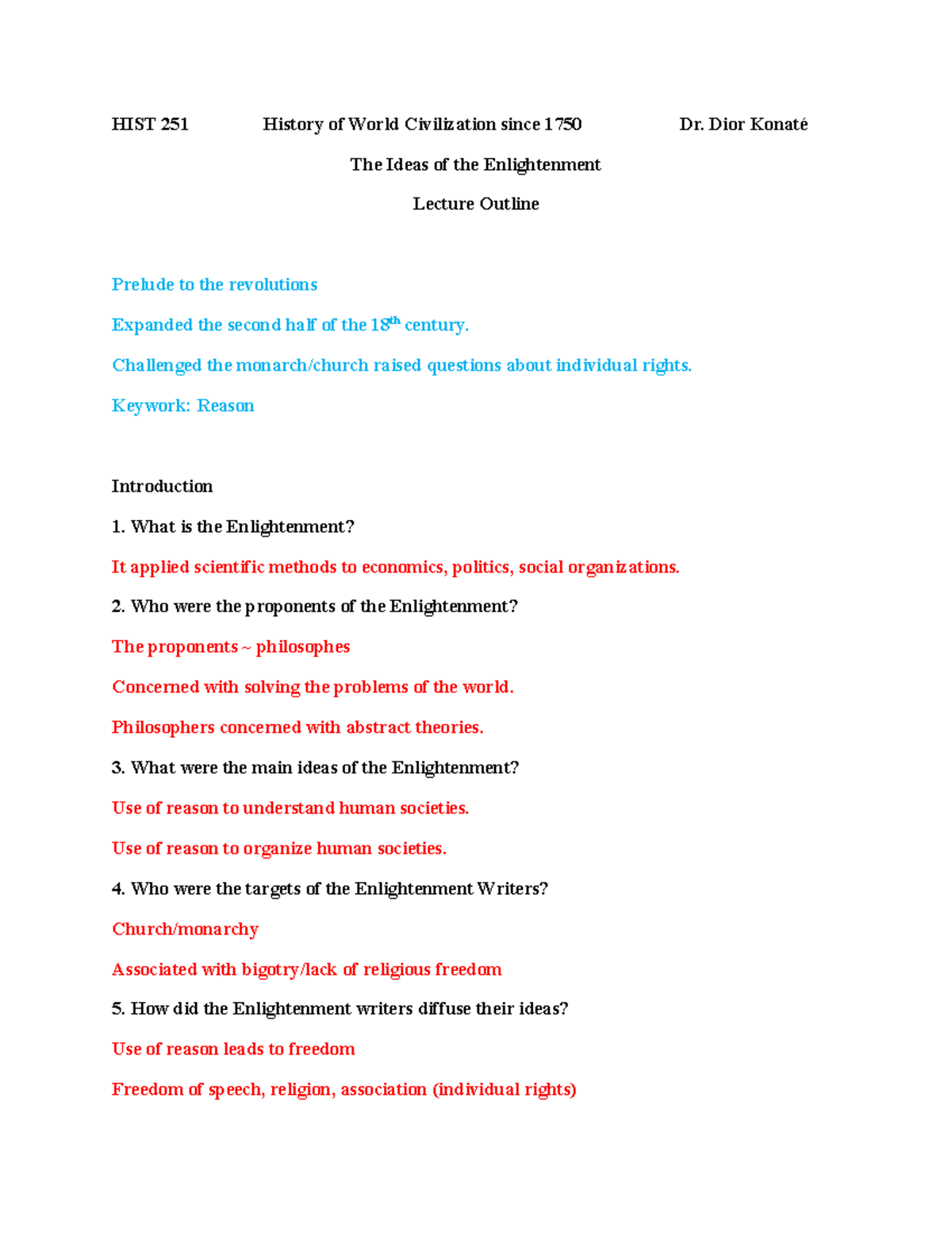 H 251- Lecture Outline-Identifications- The Ideas of the Enlightenment ...