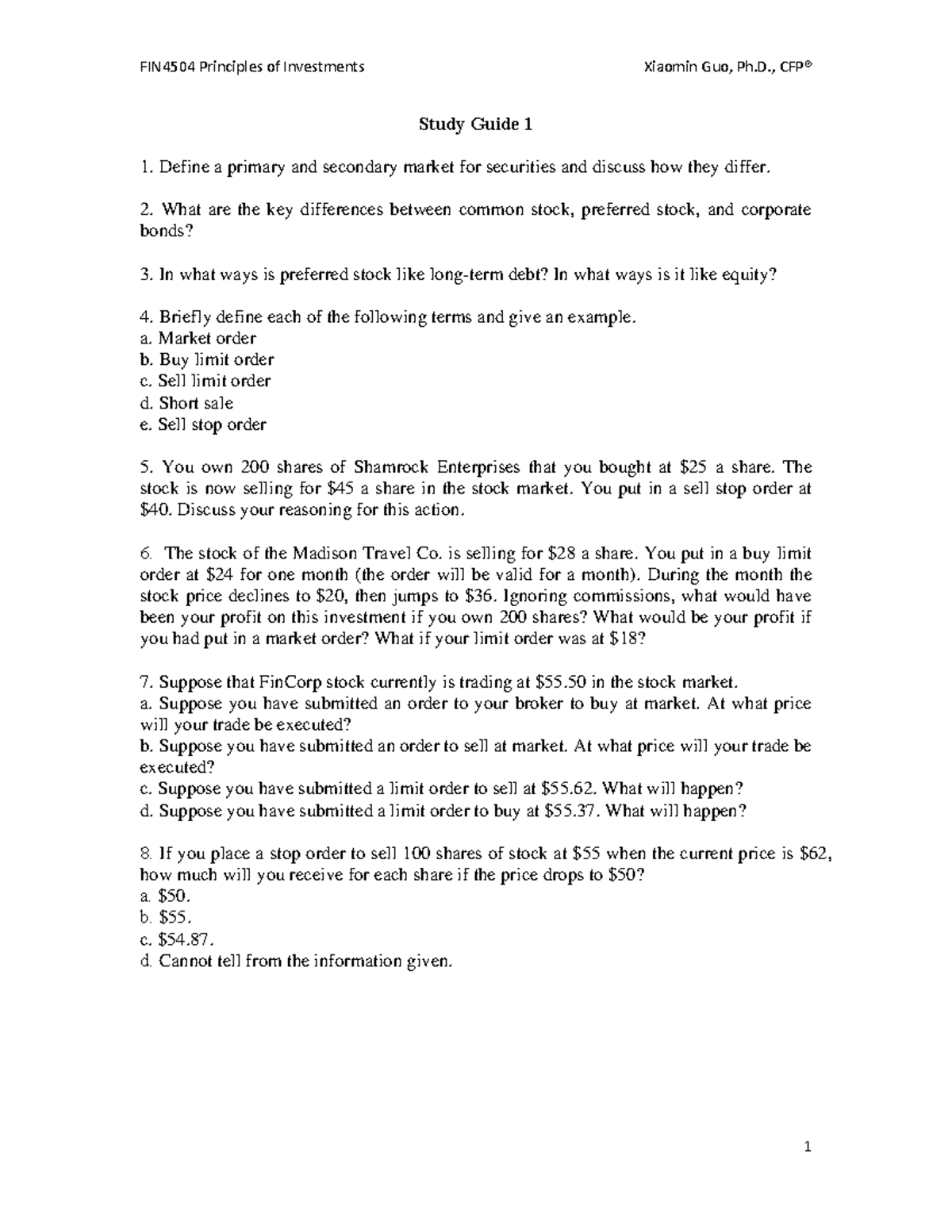 FIN4504 Study Guide 1 - notes - FIN4504 Principles of Investments ...