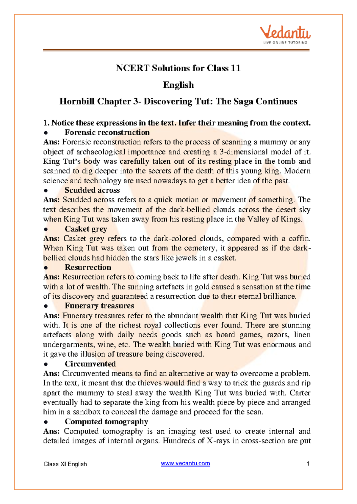 Ncert Solutions for Class 11 English Chapter 3 Discovering Tut The Saga ...