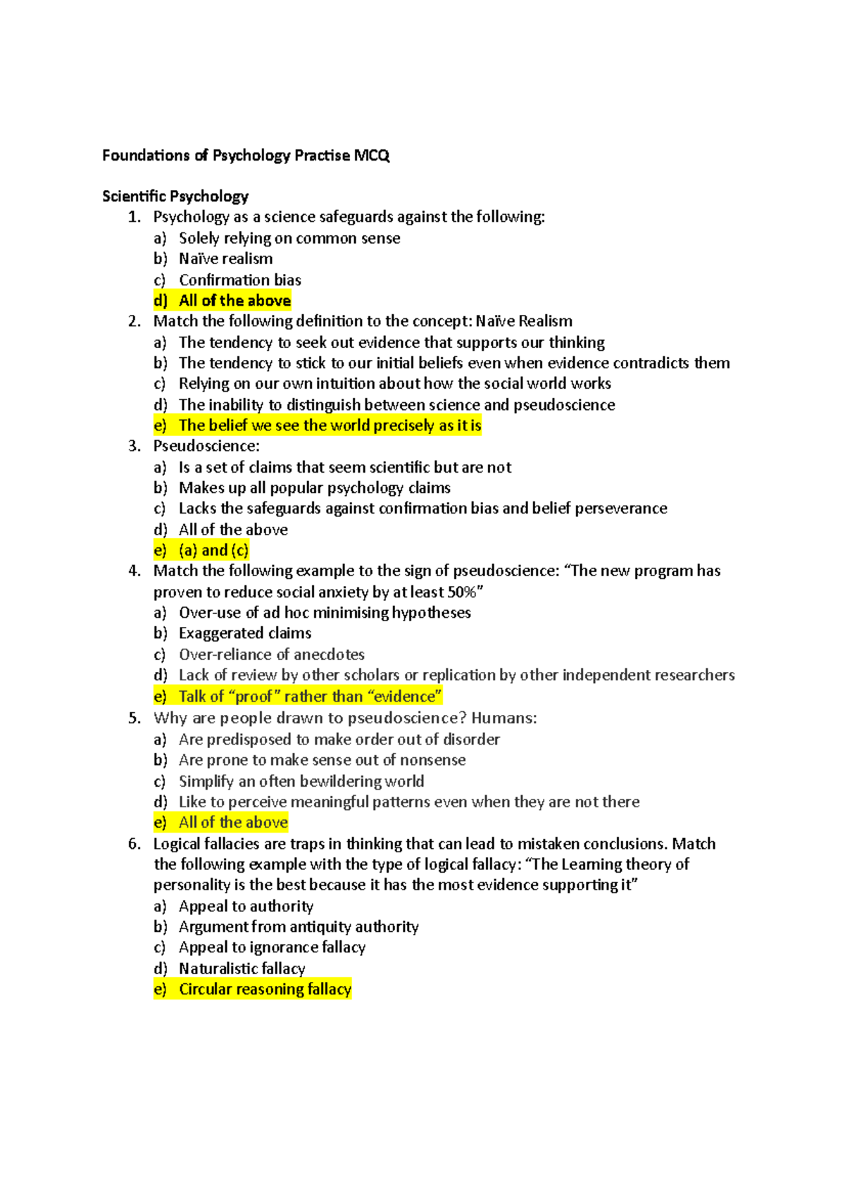 Foundations of Psychology Practise MCQ - Foundations of Psychology ...