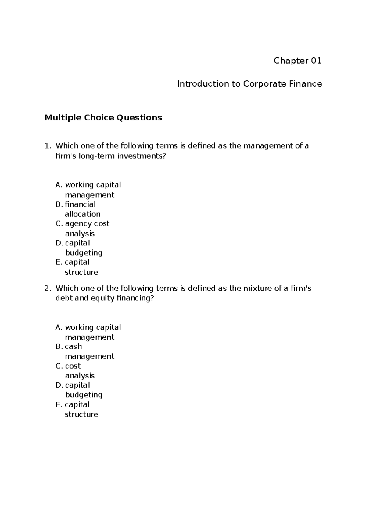 Multiple choice questions in Fundamentals of Finance - Chapter 01 ...