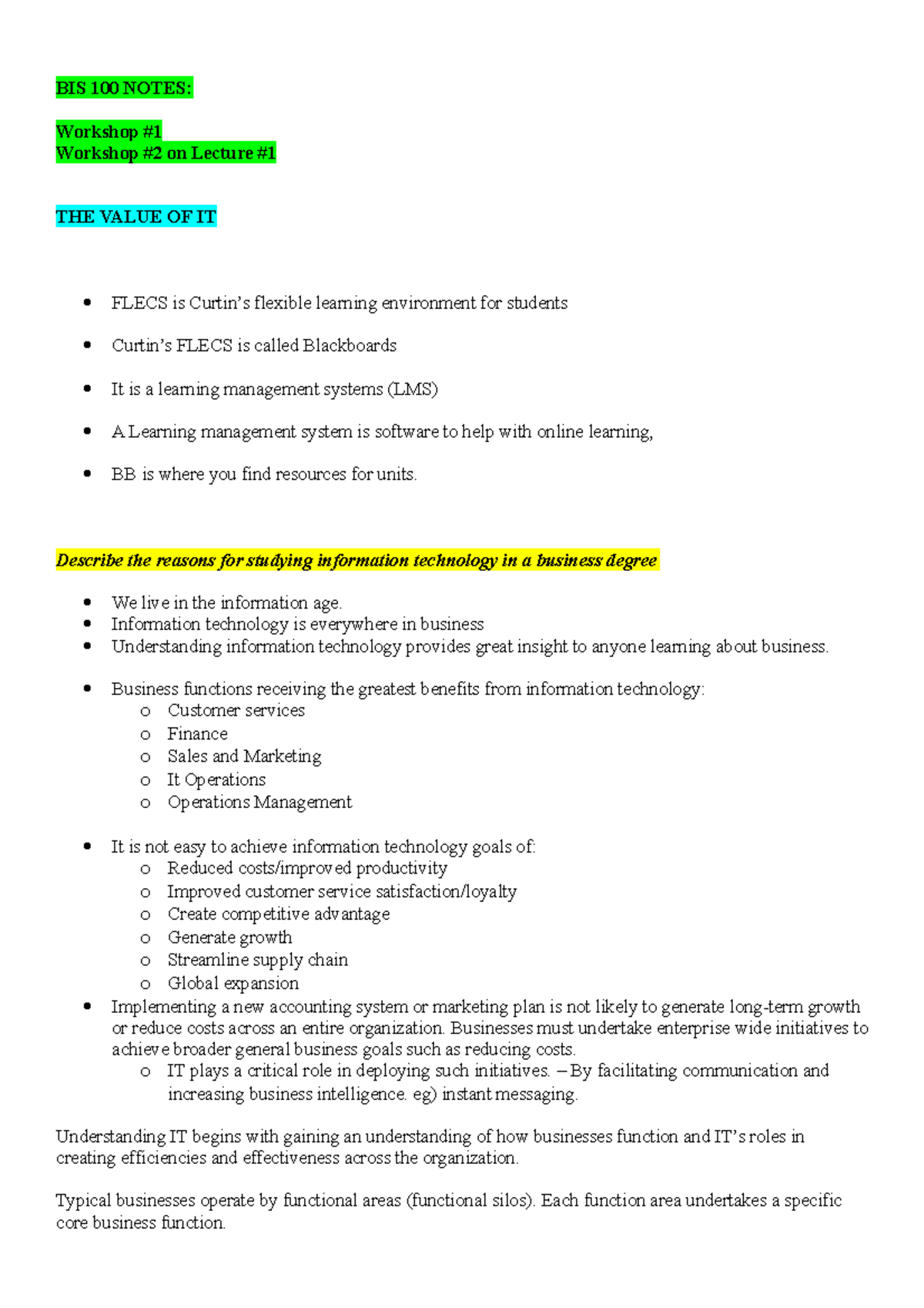 Business Information Systems Notes - BIS 100 NOTES: Workshop #1 ...