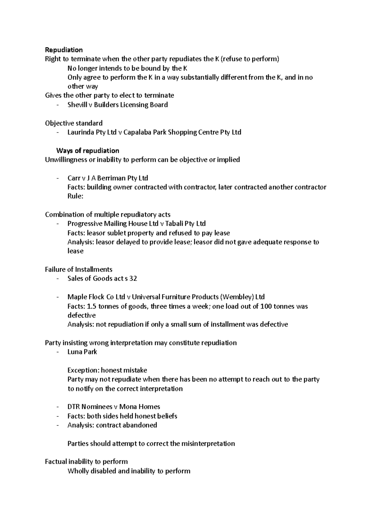 Repudiation notes - Repudiation Right to terminate when the other party ...