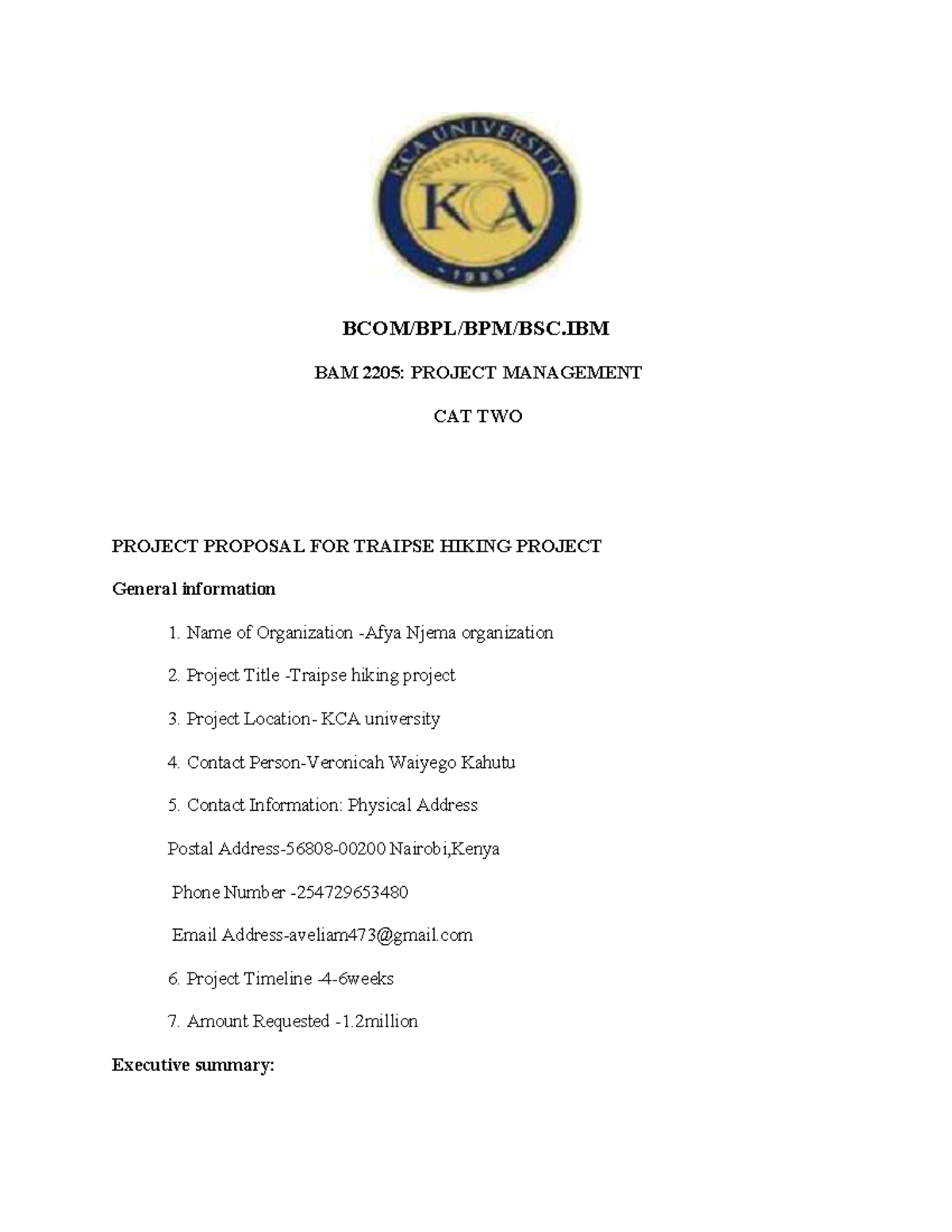 Personal project CAT 2 - BCOM/BPL/BPM/BSC BAM 2205: PROJECT MANAGEMENT ...