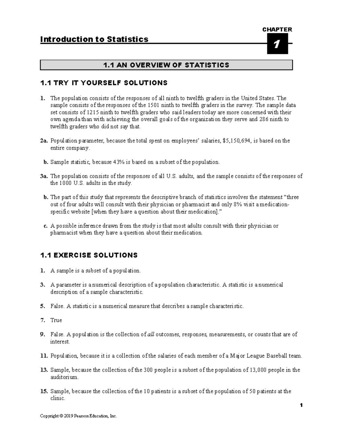 Chapter 1 Solution - CHAPTER Introduction to Statistics 1 1 1 AN OVERVIEW OF STATISTICS 1. The ...