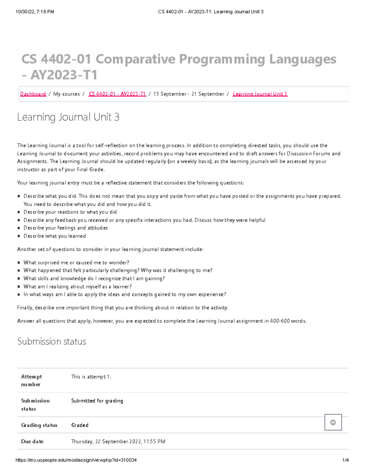 CS 4402-01 - AY2023-T1 Learning Journal Unit 3 - CS 4402-01 Comparative Programming Languages ...