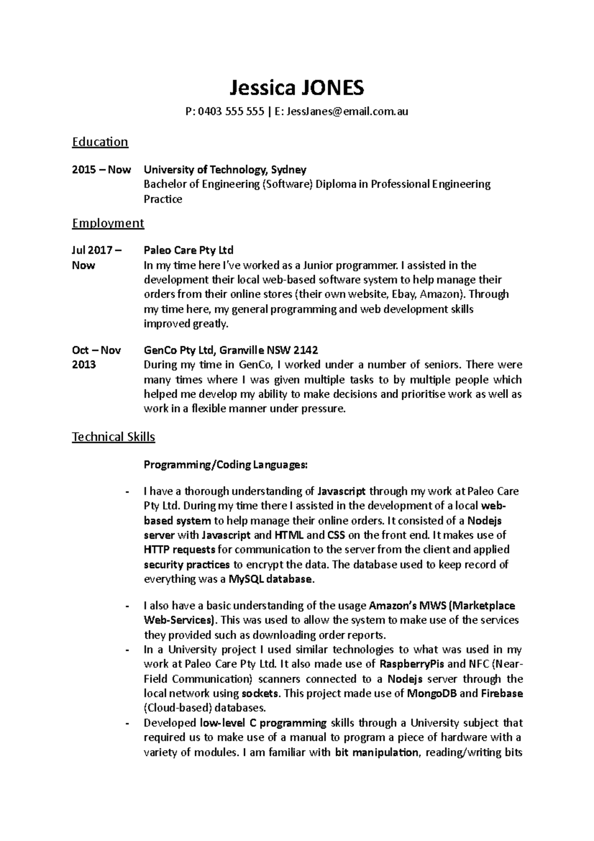 Resume 019 Jessica Jones - Jessica JONES P: 0403 555 555 | E: JessJanes ...