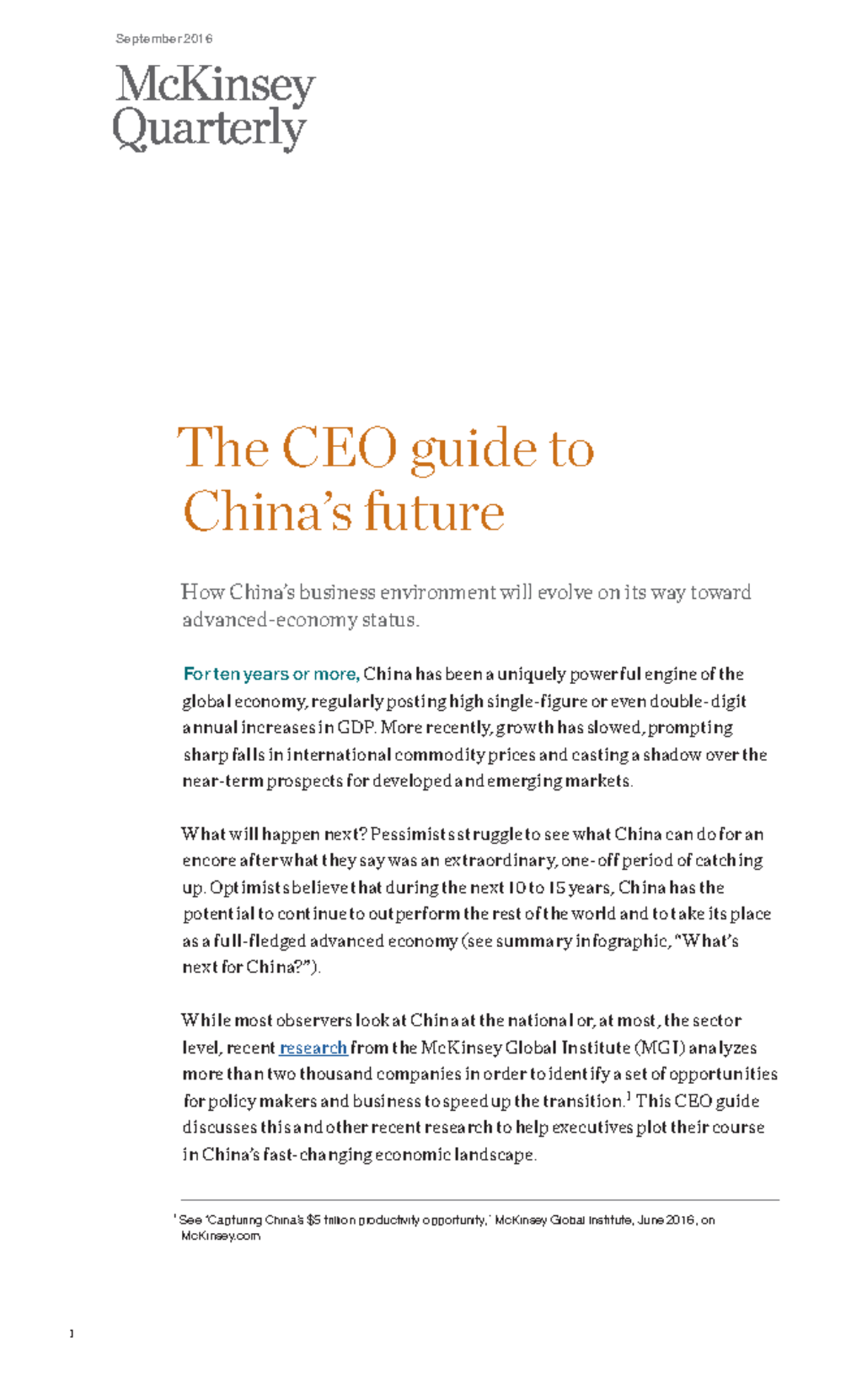Week 5, The CEO guide to Chinas future, Mc Kinsey Quarterly - The CEO ...
