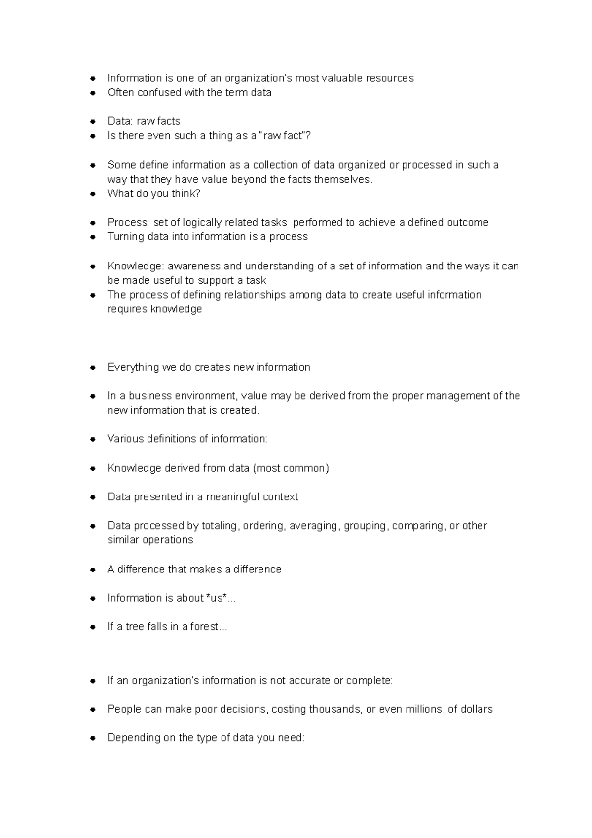 Info123 Lecture Notes Information Is One Of An Organizations Most Valuable Resources Often