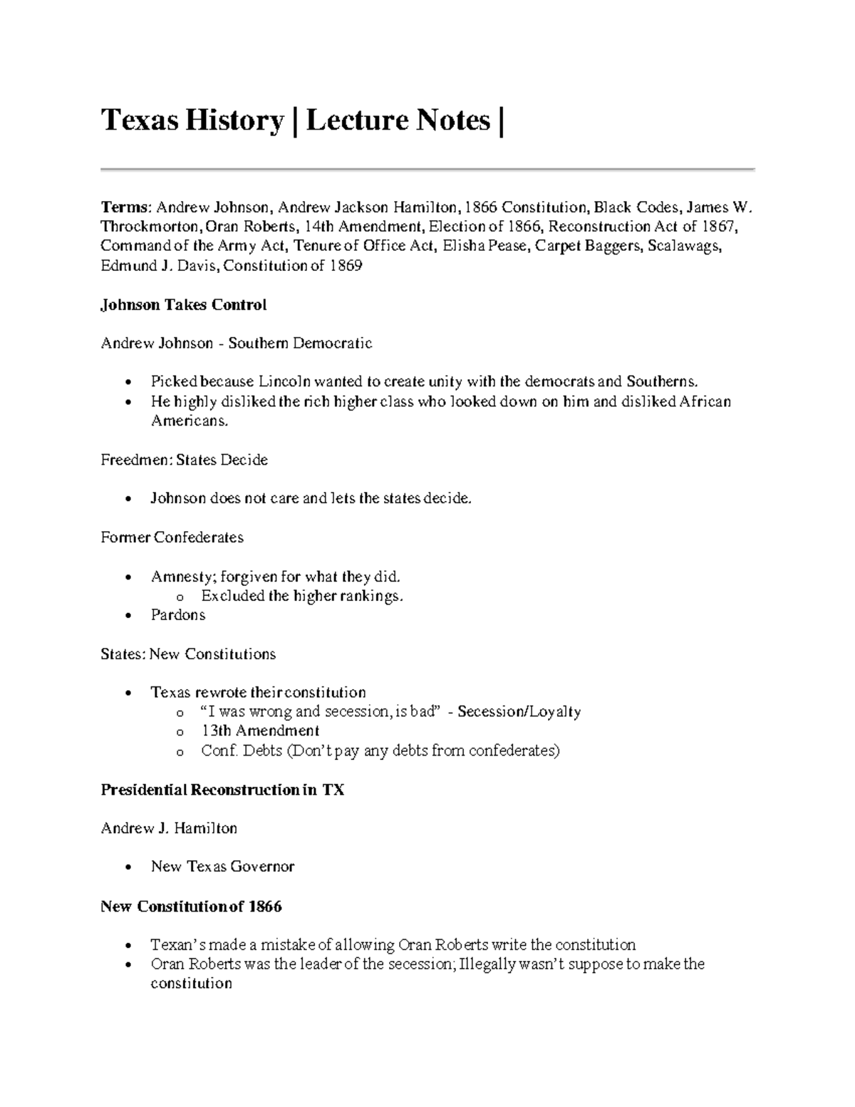HIST-2301 Notes 12 - Texas History | Lecture Notes | Terms: Andrew ...