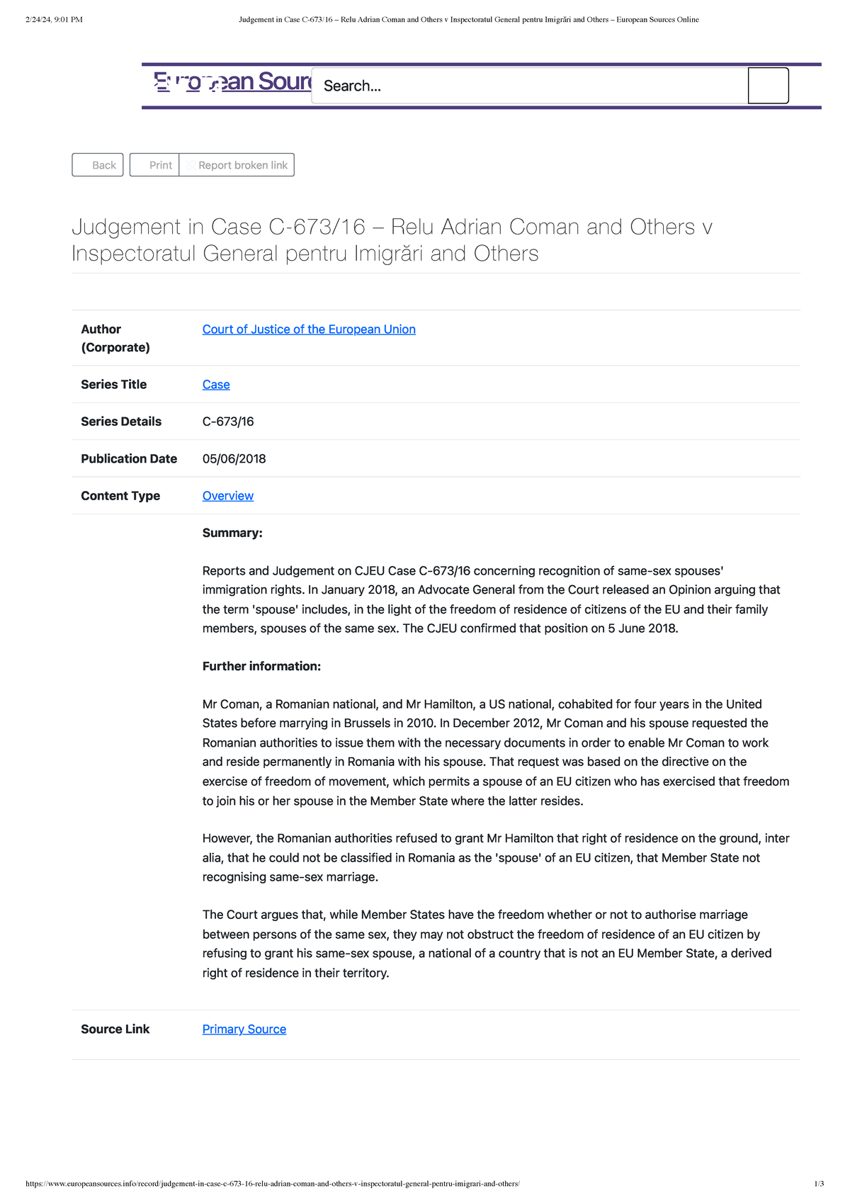 Relu Adrian Coman and Others v Inspectoratul General pentru Imigrări ...