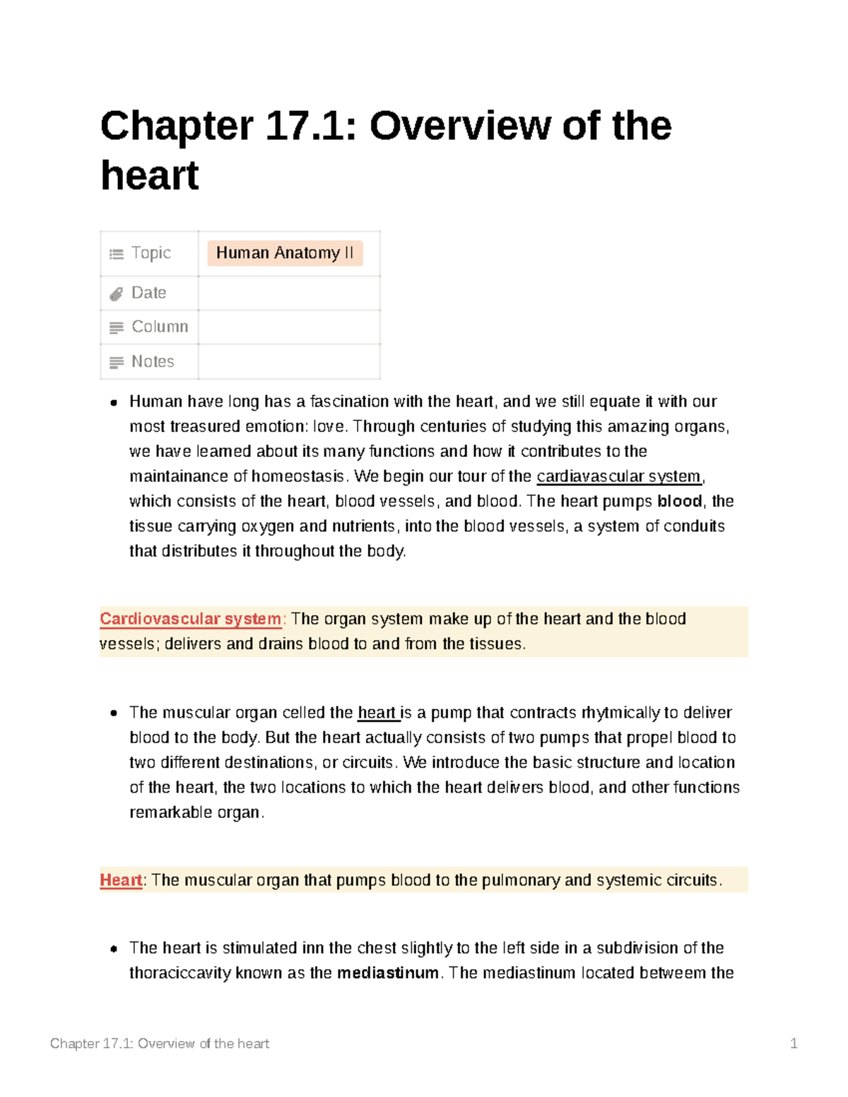 Chapter 17 - good luck - Chapter 17: Overview of the heart Topic Human ...