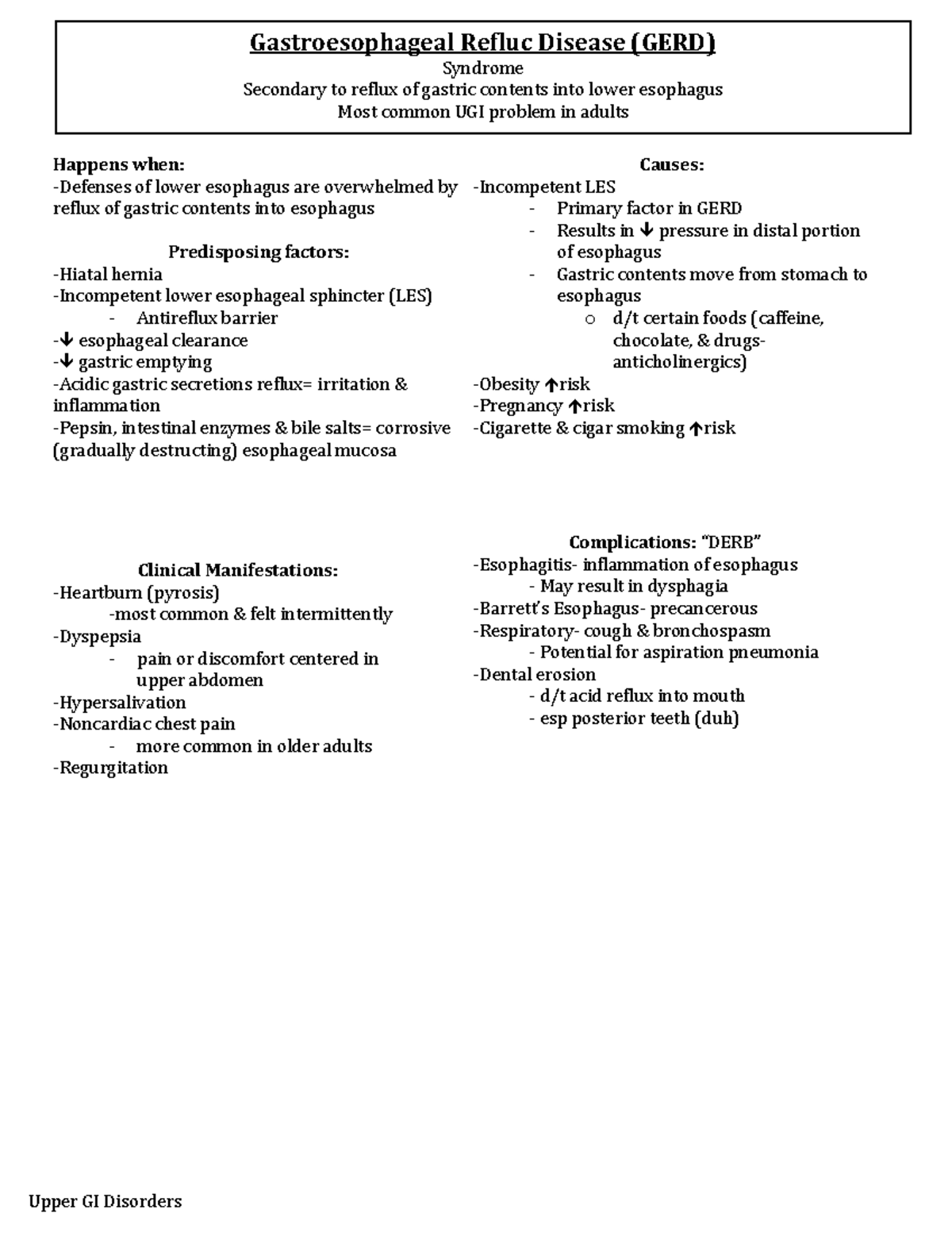 Upper GI Disorders Notes - Gastroesophageal Refluc Disease (GERD ...