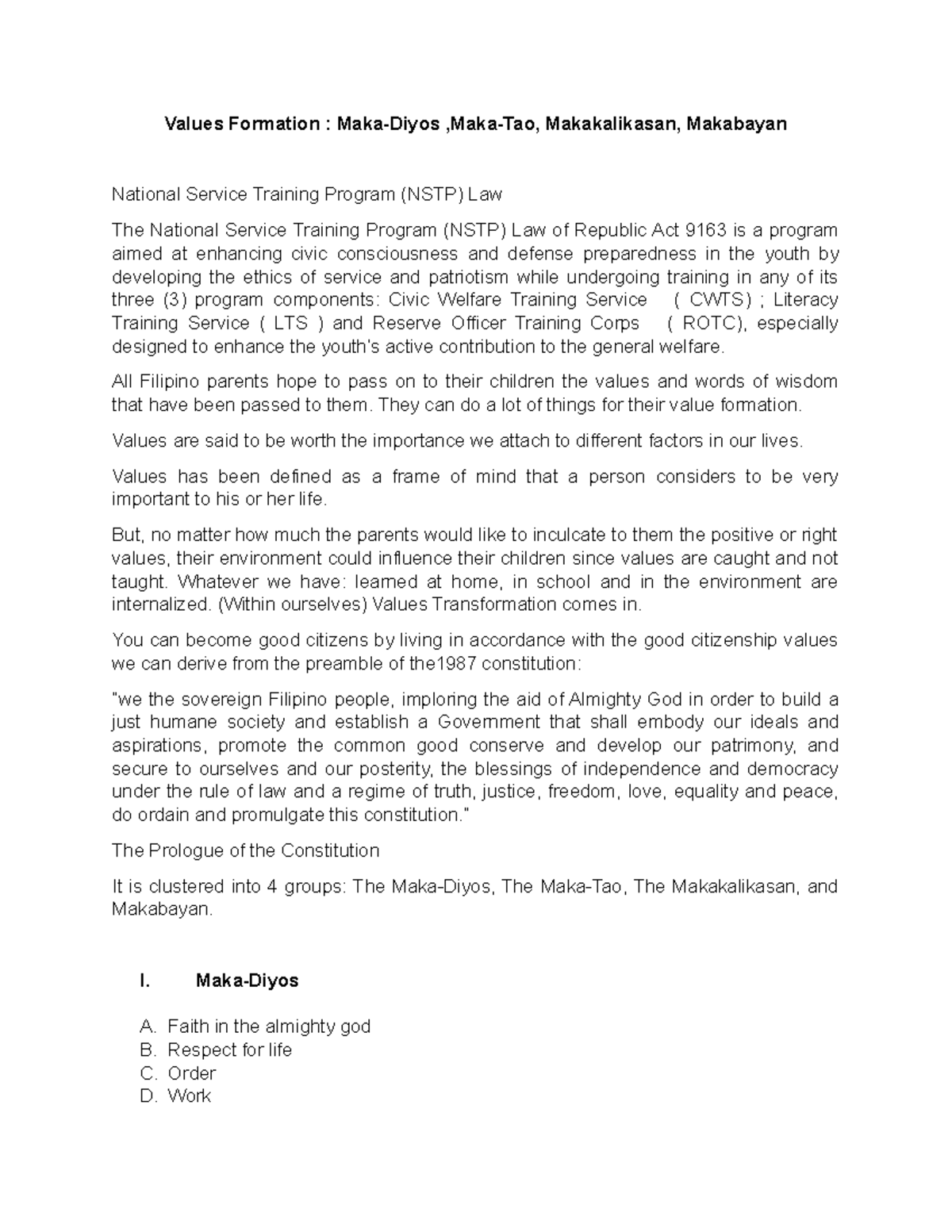 2nd meeting.3. Values Formation - Written Report - Values Formation ...