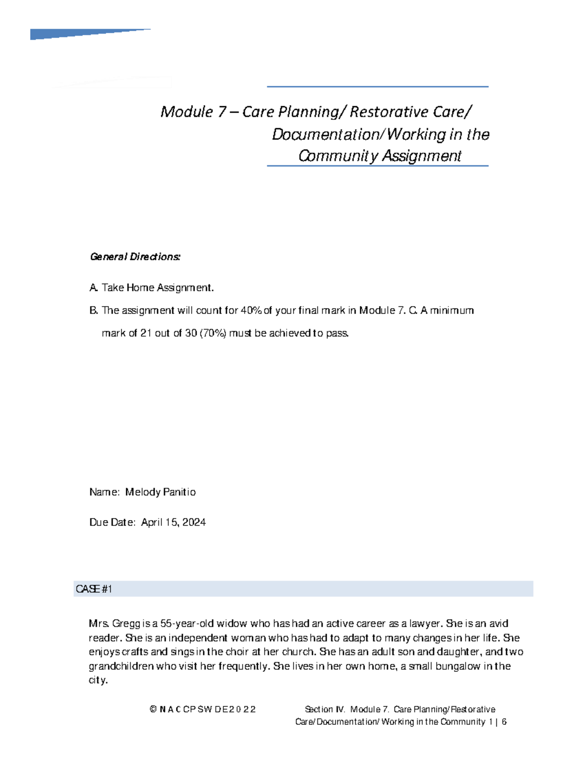 IV-8 Assigmt - Module 7 Care Planning - © N A C C P S W D E 2 0 2 2 ...