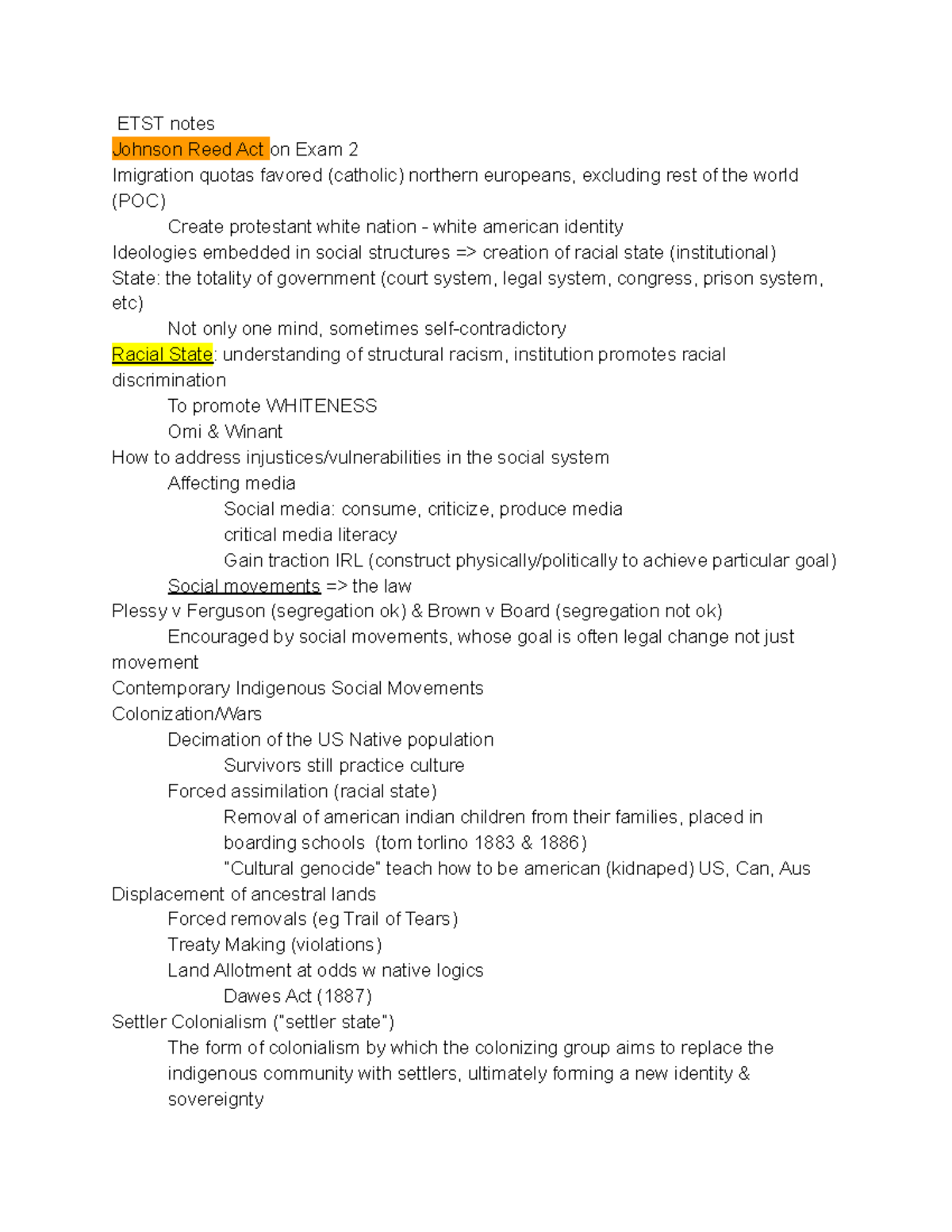 Etst notes Midterm 2 - ETST notes Johnson Reed Act on Exam 2 Imigration ...