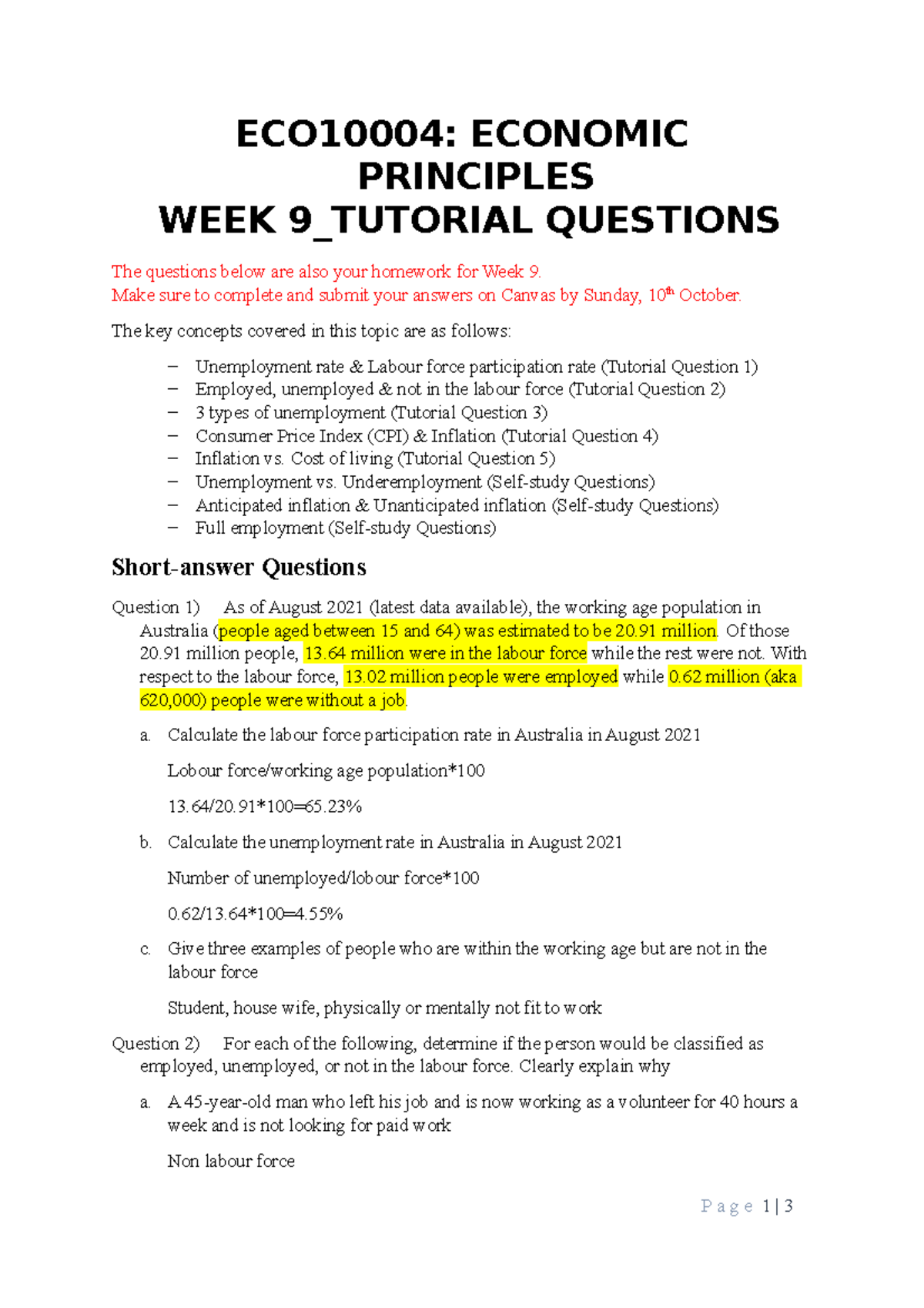 Week 9 Tutorial Questions - ECO10004: ECONOMIC PRINCIPLES WEEK 9_TUTORIAL QUESTIONS The ...