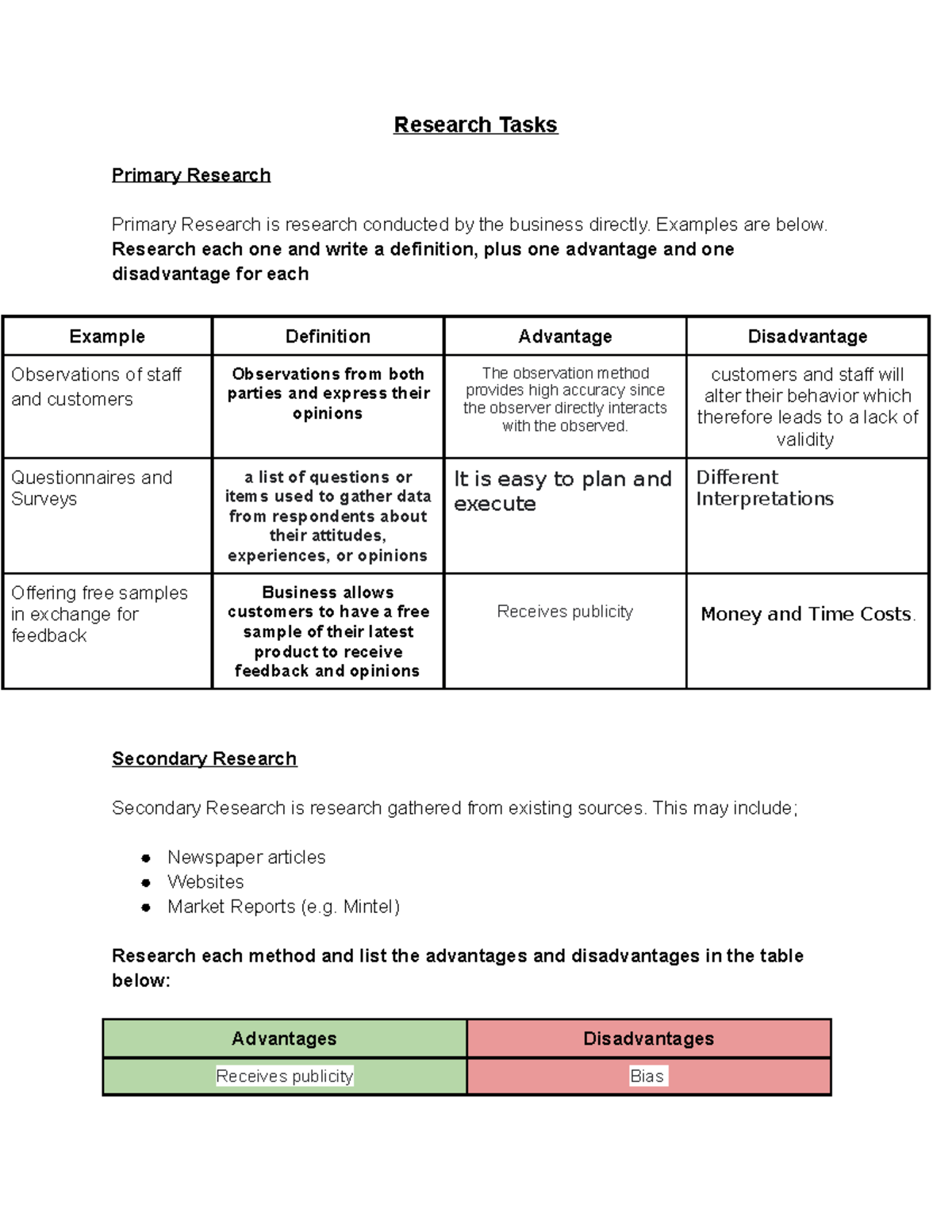 Research task - Research Tasks Primary Research Primary Research is ...