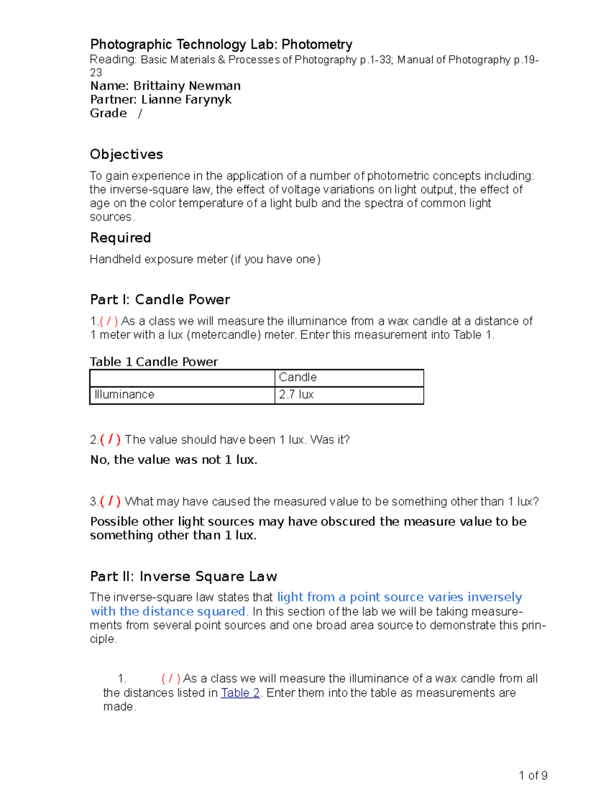 Newman Photometry - lab - Photographic Technology Lab: Photometry ...